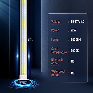 SHINESTAR 12-Pack LED Shop Light 8FT, 72w 9000LM 5000K Daylight, Linkable T8 Tube Lights for Garage, Workshop, Basement, Plug and Play