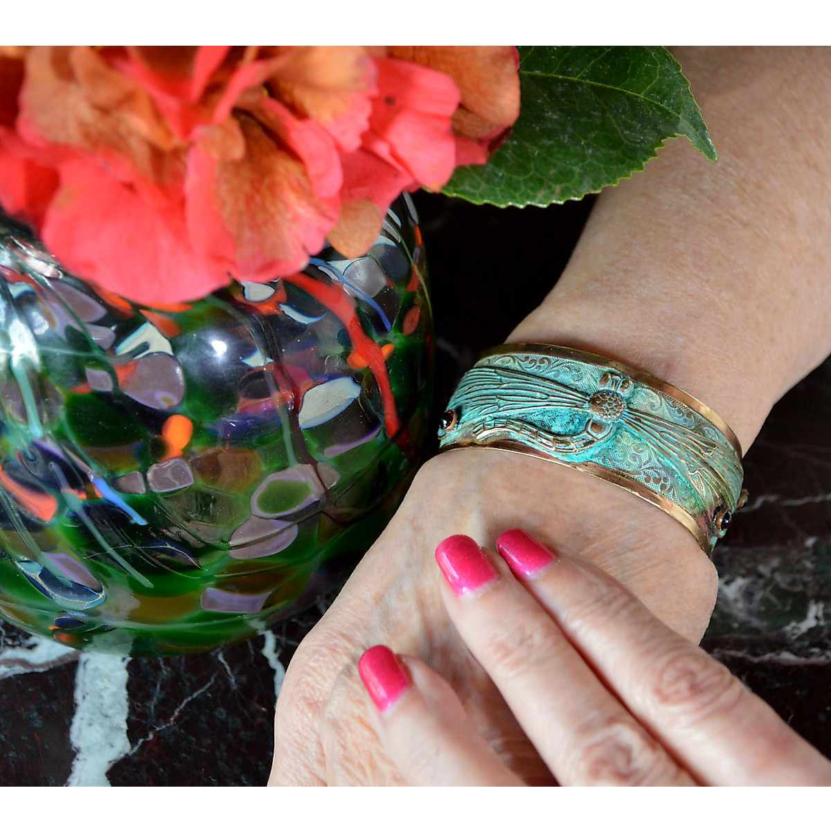 Elaine Coyne Collectible Artwear Patina Dragonfly Cuff Bracelet - Genuine Amethyst and Garnet - USA Made