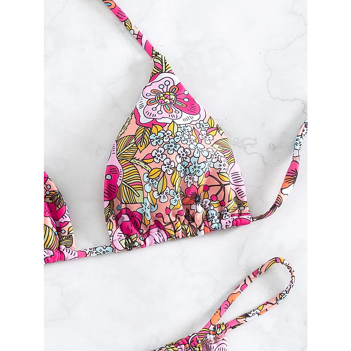 WDIRARA Women's 2 Piece Set Floral Print Tie Backless Swimwear Halter Bikini Swimsuit Floral Pink L