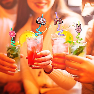 24 Pcs Hippie Boho Party Straws Two Groovy Reusable Plastic Drinking Straws with Cleaning Brush Peace Love 60's Rainbow Flower Birthday Supplies