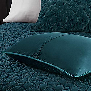 Madison Park Harper Quilt Set-Faux Velvet Casual Geometric Stitching Design All Season, Lightweight Coverlet, Cozy Bedding, Matching Shams, King/Cal King(104"x94"), Teal 3 Piece