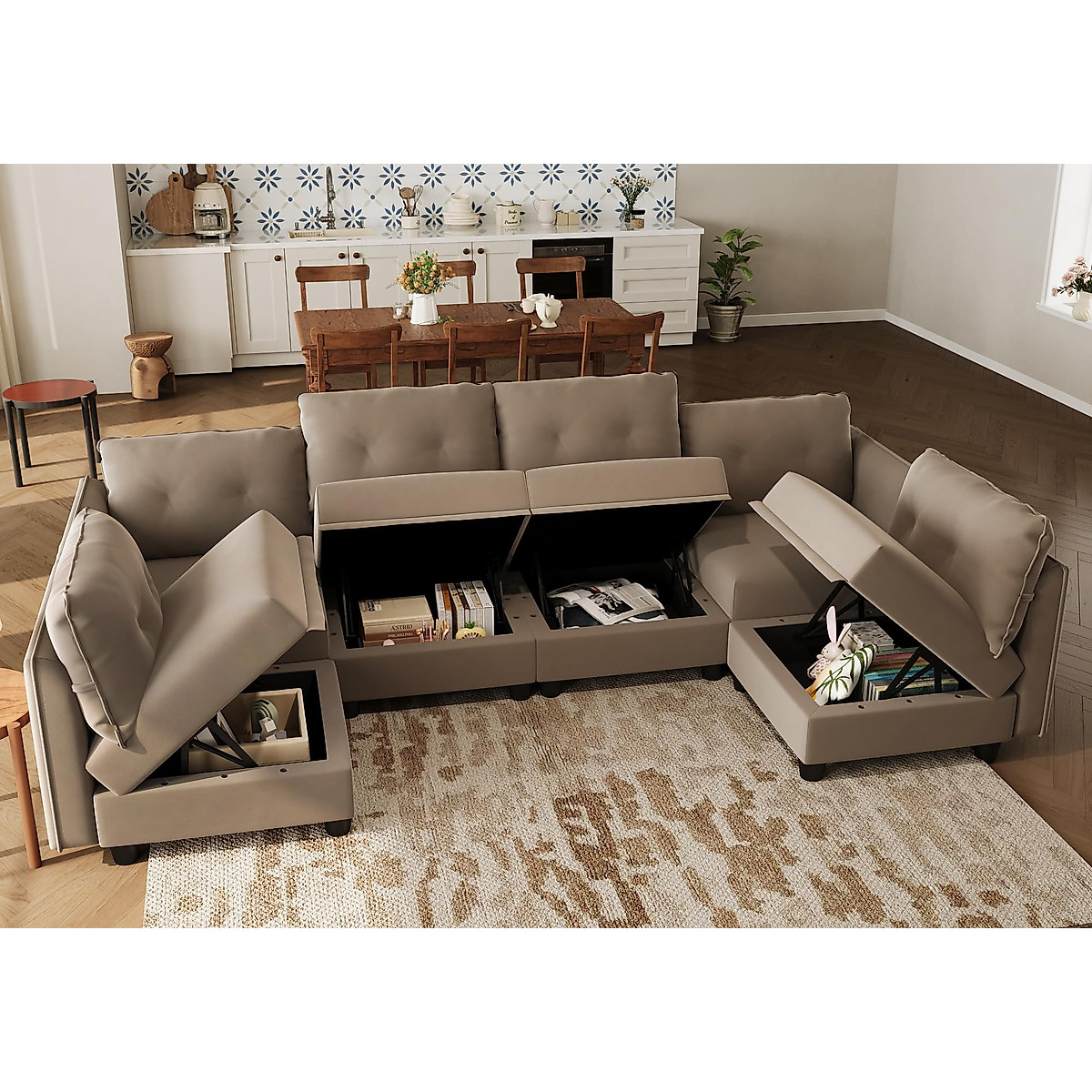 LLappuil Modular Sectional Sofa with Storage U Shaped Couch with Reversible Chaise Velvet Waterproof Anti-Scratch Sofas for Living Room 6 Seats Grey Brown