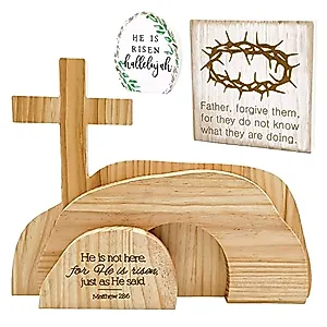 5 Pcs Easter Resurrection Scene Set He is Risen Wooden Tabletop Centerpieces The Tomb Was Empty Scene Decorations Crosses on Top of Rock Signs Christian Easter Decor for Jesus Easter Home Table Décor