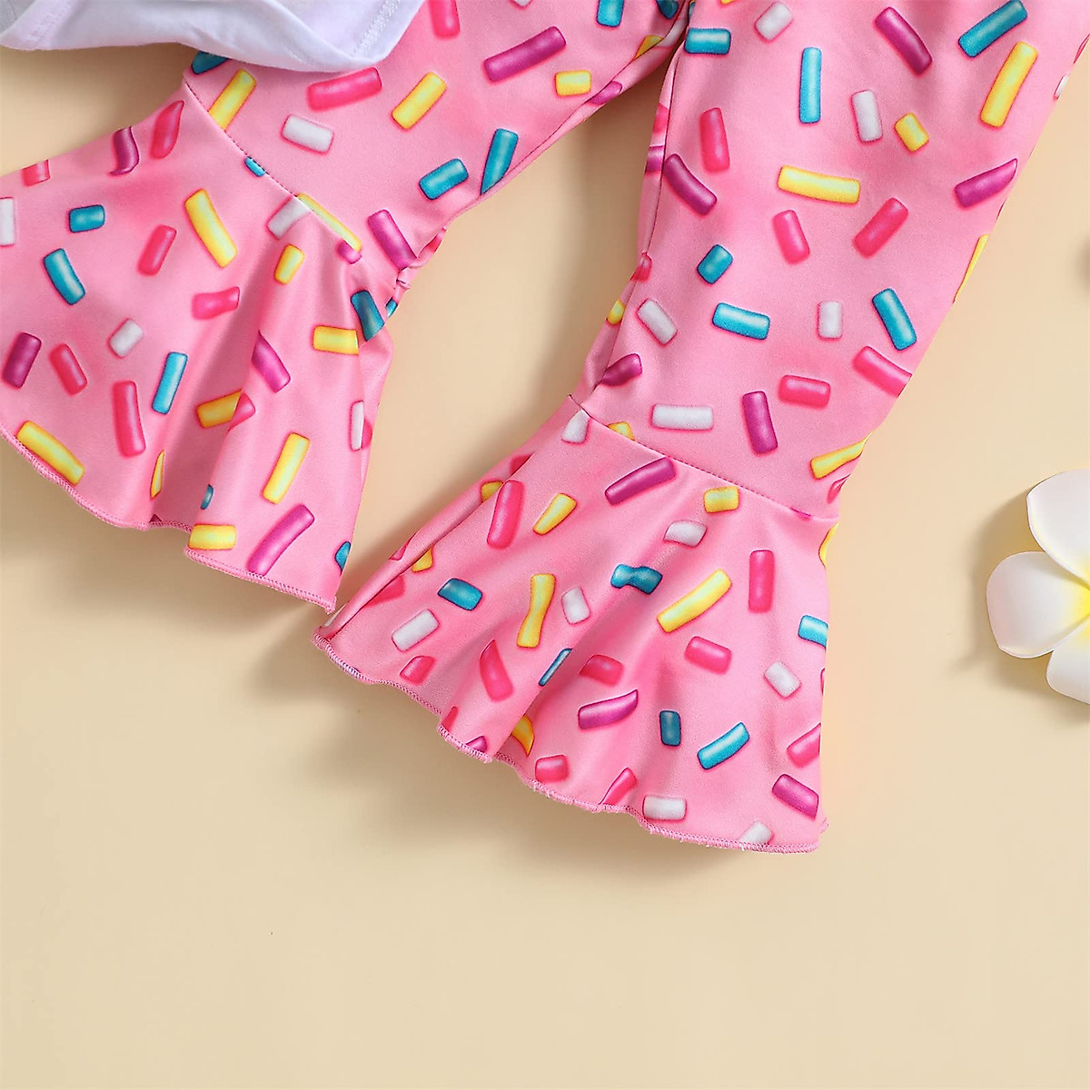 GRNSHTS Baby Girl Birthday Clothes Sweet One Letter Short Sleeve Romper+Donuts Flared Pants+Headband 3Pcs Cake Smash Outfits (Donuts White,9-12M)