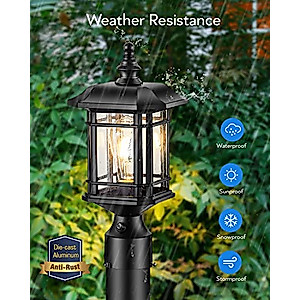 VIANIS Dusk to Dawn Post Lights Outdoor, Black Post Lantern with Pier Mount Base, Exterior Lamp Post Light Fixture, Waterproof Aluminum Body with Tempered Seeded Glass for Patio, Garden, Driveway