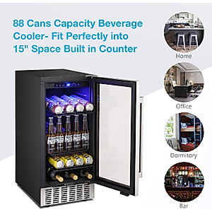 Antarctic Star 15 Inch Beverage Refrigerator Under Counter Built-in Wine Cooler Mini Fridge Clear Glass Door Digital Memory Temperature Control, Beer Soda LED Light, Quiet Operation (15 Inch)