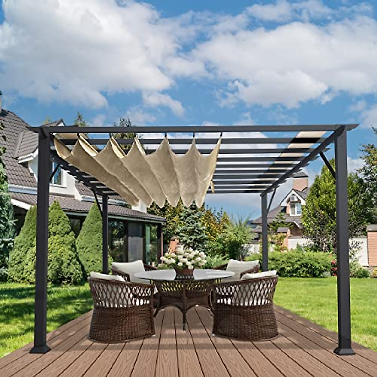 Paragon Outdoor 11' x 16' Palermo Soft Top Pergola, Gray Powder-Coated Aluminum Frame Finish with Sand Canopy, Convertible Top, Reinforced and Rust-Resistant, Perfect for Every Season