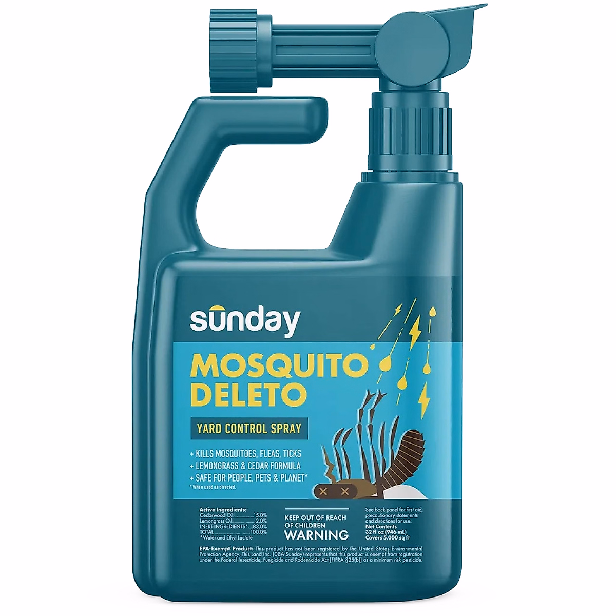 Sunday Mosquito Deleto - Mosquito Repellent & Bug Control Spray - Concentrated Lemongrass & Cedar Oils - for Mosquitoes, Fleas, & Ticks - Lasts up to 4 Weeks - Hose-On Sprayer, 32 Fl Oz