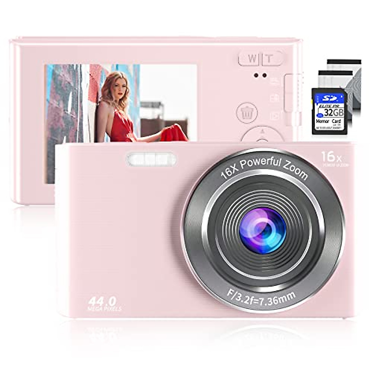 Saneen Digital Camera, FHD 4K & 44MP Kids Video Cameras for Photography with 32GB SD Card 16X Digital Zoom, Compact Point and Shoot Small Camera for Beginners, Kids and Teens-Pink