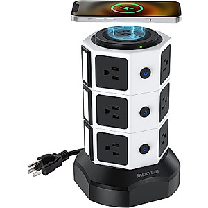 Power Strip Tower with Wireless Charger - Surge Protector with USB, JACKYLED Electric Outlet 13A 10 AC Outlets 4 USB Ports 6.5ft Extension Cord for School Dorm Office Home Desktop Computer White Black