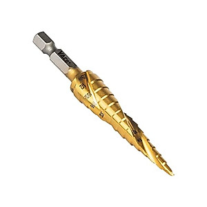 Klein Tools 25964 Step Drill Bit, 1/8 to 1/2-Inch, Spiral Double-Fluted, Cuts Thin Metal, Plastic, Aluminum, Wood, 1/4-Inch Hex Shank, VACO