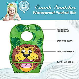 LA Baby Crumb Snatcher Waterproof Pocket Bib Large, Catch-All Pocket Design, 4-Pack (Tiger, Hippo, Frog, Dolphin)