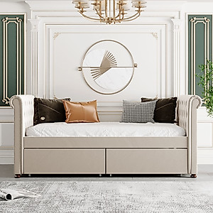Jintop Twin Size Velvet Upholstered Daybed with Trundle and Two Armrests,Storage Wonden Bed Frame,W/Drawer,Wood Slat Support,for Apartment,Bedroom,Living Room,No Box Spring Needed,Beige