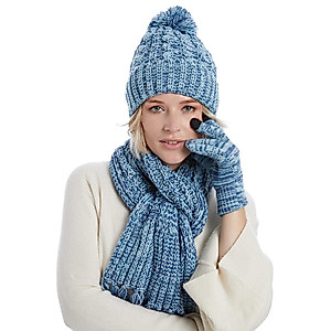 IDOWELA Womens Cable Knit Beanie Hat Scarf Glove Set, Fleece Lined Womens Winter Hats Touchscreen Gloves with Matching Long Scarfs