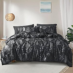 PHF Soft Printed Comforter Sets California King-7 PCS Bed in A Bag Comforter & Sheet Set-Botanical Cozy Bedding Set Include Comforter, Pillow Shams, Flat Sheet, Fitted Sheet and Pillowcase, Black