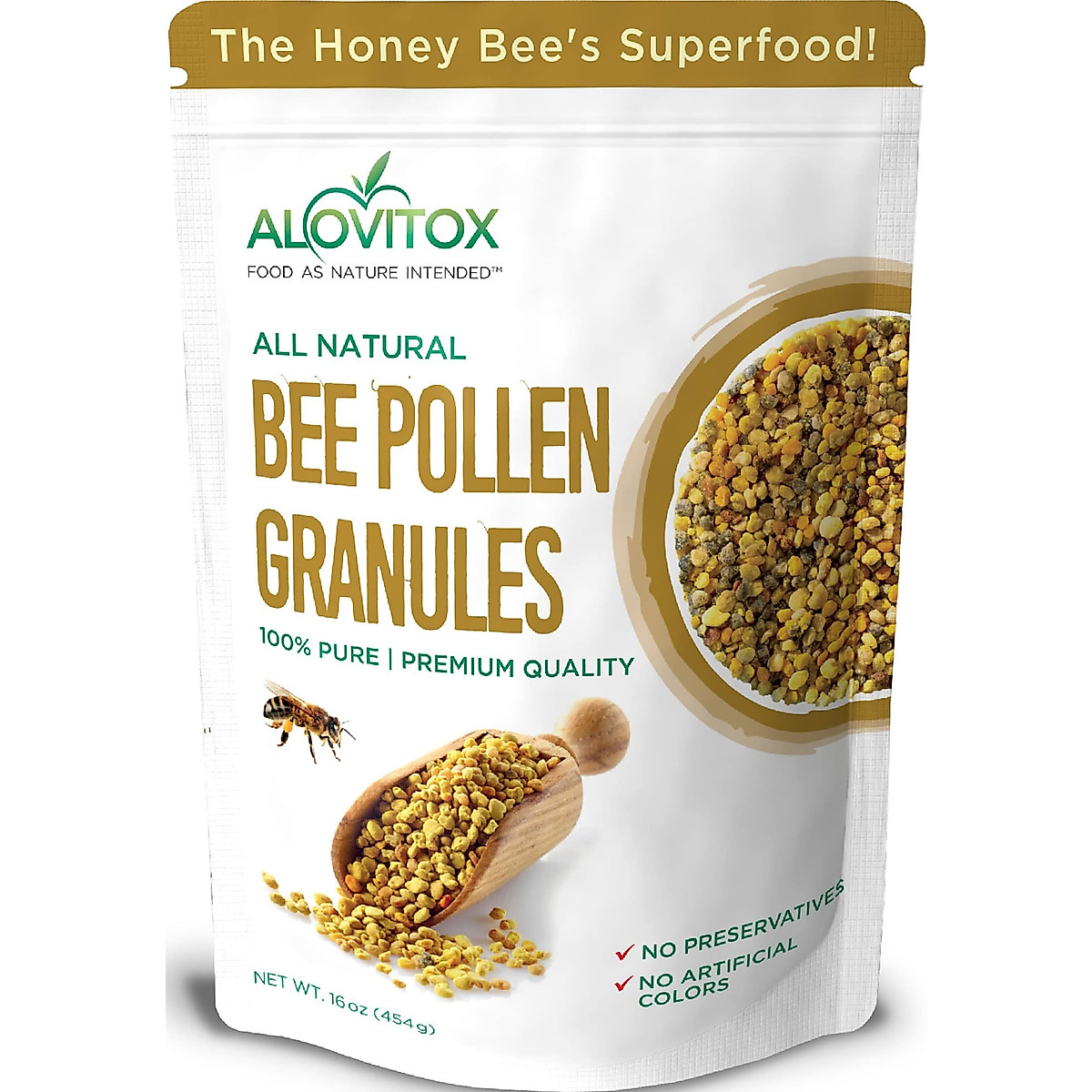Alovitox Bee Pollen Granules 16 Oz | 100% Pure, Fresh Raw Bee Pollen | Superfood Packed Bee Pollen with Antioxidant, Protein, Vitamins & More | Nutritional Yeast & Gluten Free