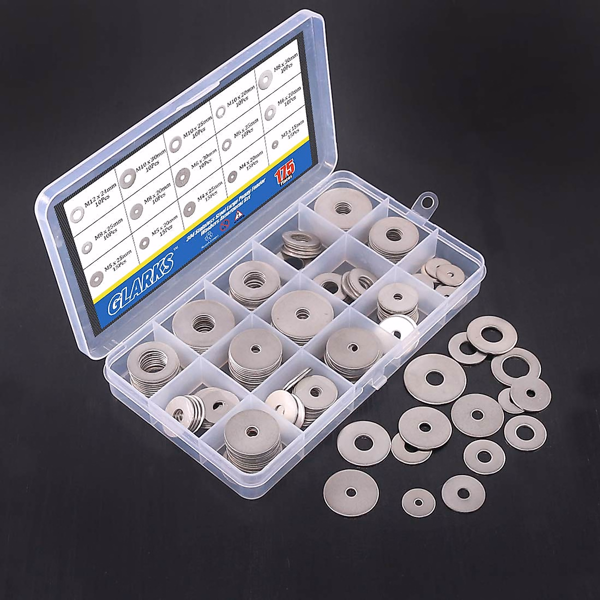 Glarks 175Pcs 304 Stainless Steel Large Penny Fender Washers Assortment Set-M3, M4, M5, M6, M8, M10, M12