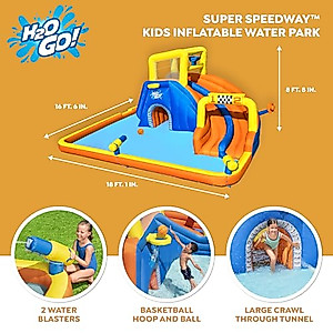 Bestway H2OGO! 18 x 16.5 x 8.7 Foot Super Double Racing Super Speedway Kids Inflatable Water Park with Air Blower, Ground Stakes, and Storage Bag