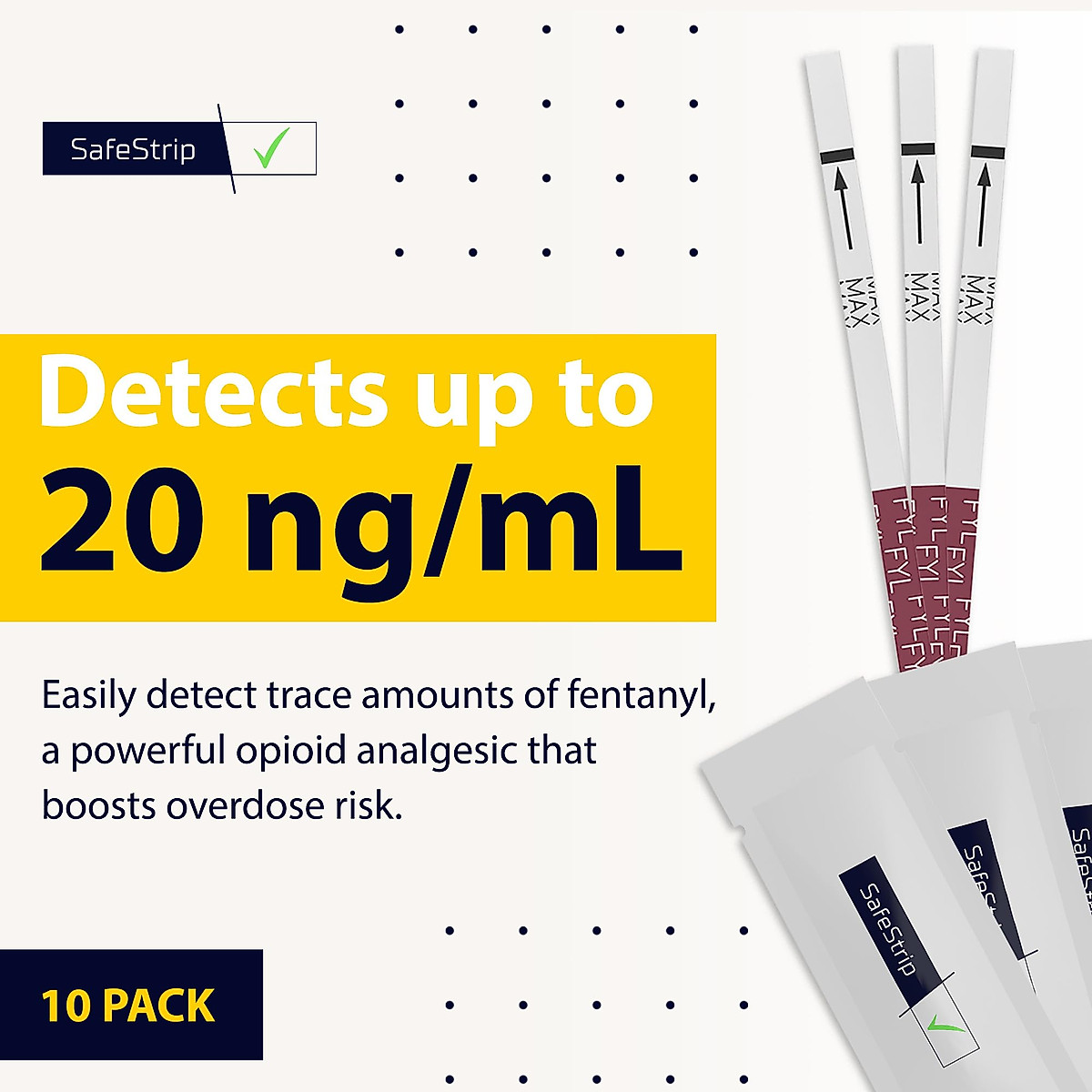 SafeStrip - Fentanyl Test SafeStrip - Fentanyl Test Strips, Quick, Reliable & Easy-to-Use Drug Test Kit for Home Medical Testing on Pills, Powder, Urine & Residue, 10-Pack Test Strips with Scoop