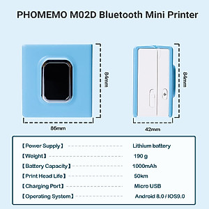 PokeLabel Portable Mini Sticker Printer, M02D Portable Wireless Printer with 1 Roll Paper, Compatible with iOS Android, Pocket Printer for Small Business, Bullet Journal, Work Plans, Memos