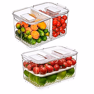 Slideep Food Storage Containers Fridge Produce Saver, Stackable Refrigerator Organizer Keeper Foldable lid with Removable Drain Tray for Produce, Fruits, Vegetables 2800 ml - 2 Pack