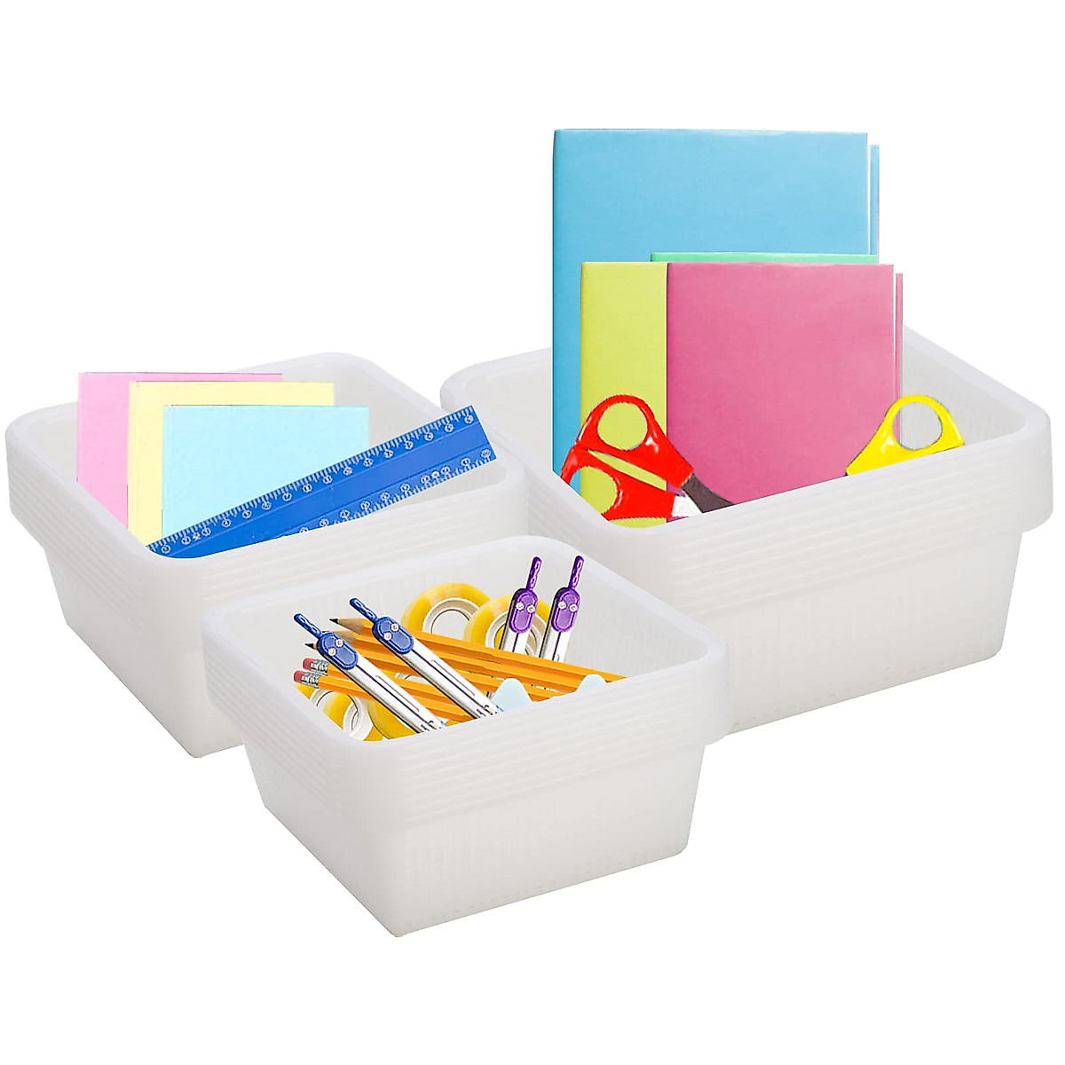 ZENFUN 24 Pieces Plastic White Storage Baskets, 3 Sizes Stackable Storage Bins Container Stationery, Small Tools, Cleaning Products, Space Saving