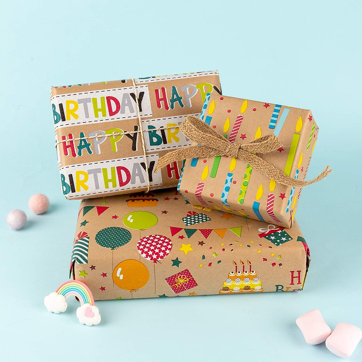 RUSPEPA Wrapping Paper Kraft Paper - Colorful Birthday Wrap Design - 4 Rolls - 30 inches x 10 feet per Roll