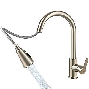 Kitchen Faucet with Pull Down Sprayer VMASSTONE Single Level Stainless Steel Kitchen Sink Faucet with 3-Spray Mode Single Handle High Arc Modern Faucet for Kitchen, RV, Bar (Brushed Nickel)