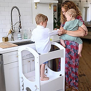 Kids Learning Tower by Little Partners – Child Kitchen Stool Helper Adjustable Height Step Stool, Wooden Frame, Counter Step-Up Active Standing Tower (Soft White)