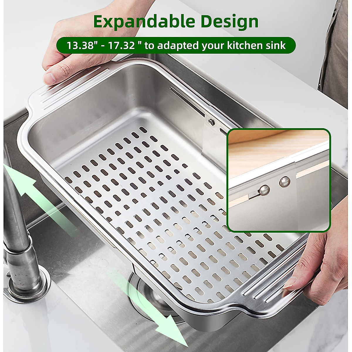 DOXILA Over the Sink Colander Strainer Basket - Kitchen Essentials for New Home-Expandable to Fit Most Sinks - Stainless Steel, Wash Vegetables and Fruits, Drain Cooked Pasta and Dry Dishes