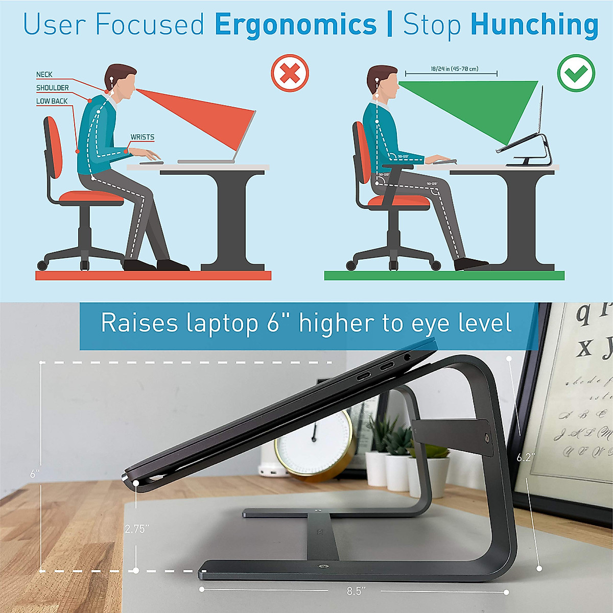 Macally Aluminum Laptop Stand for Desk - Works with all Macbook /Pro/Air & Laptops between 10” to 17.3” - Sleek and Sturdy Laptop Riser - (ASTANDSG), Space Gray