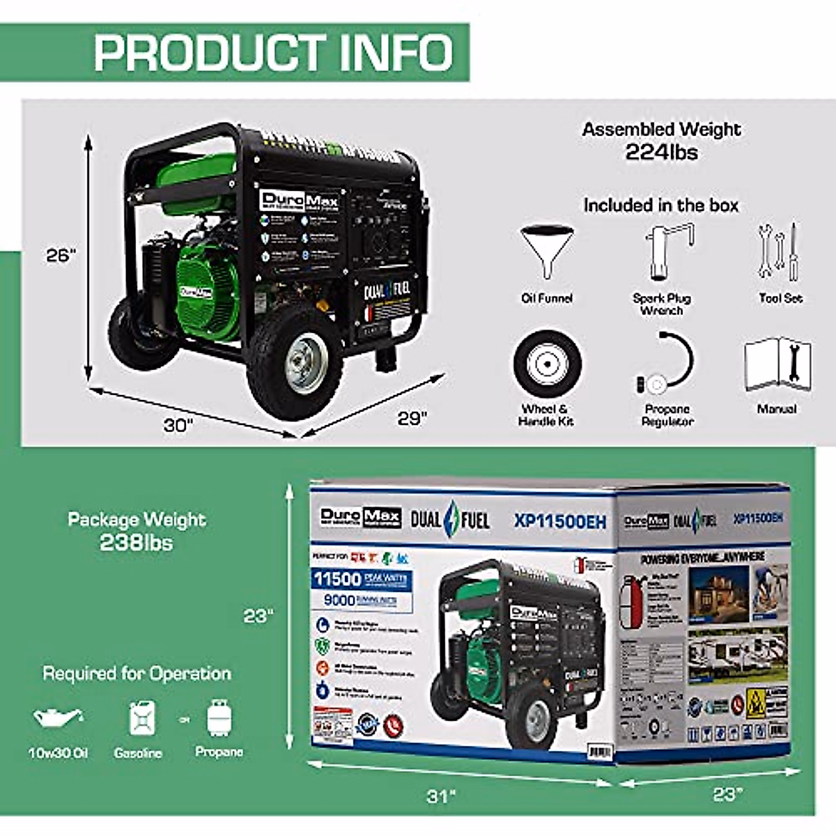 DuroMax XP11500EH Electric Start-Home Back Up & RV Ready, 50 State Approved Dual Fuel Portable Generator-11500 Watt Gas or Propane Powered, Green and Black