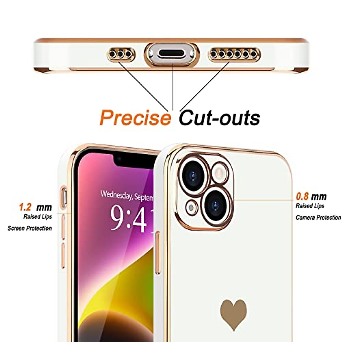 Teageo for iPhone 14 Plus Case for Women Girl Cute Love Heart Luxury Plating Soft Bling Back Cover Raised Full Camera Protection Bumper Silicone Shockproof Phone Case for iPhone 14 Plus, White