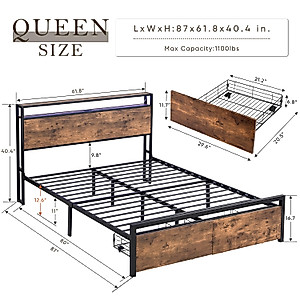 Queen Size Bed Frame,with Storage Headboard and 2 Drawers,LED Lights Bed with Charging Station,Metal Platform Bed No Noise, Mattress Foundation Strong Metal Slats Support No Box Spring Needed (Queen)