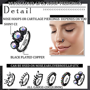 MUSECLOUD 20G Black Nose Rings For Women Men 6pcs Stainless Steel Nose Rings Hoops 12pcs L Shape Nose Rings Studs Heart CZ 8mm Cartilage Hoop Flower Star Nose Piercing Jewelry (Black)