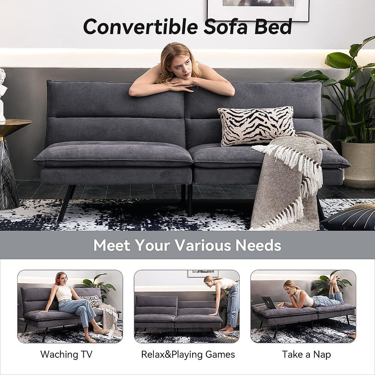 Hcore Couch, Memory Foam Futon,Small Splitback Loveseat Sleeper Sofa Bed Sofabed, Black