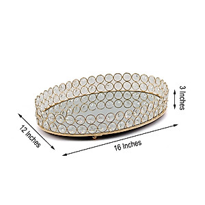 Efavormart 16" x 12" Gold Metal Crystal Beaded Decorative Serving Tray Oval Mirror Tray for Wedding Birthday Party