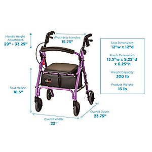NOVA GetGo Petite Rollator Walker (Petite & Narrow Size), Rolling Walker for Height 4'10" - 5"4", Seat Height is 18.5 Inch, Ultra Lightweight - Only 13 lbs with More Narrow Frame, Color Purple
