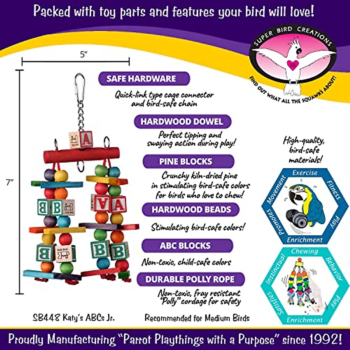 Super Bird Creations SB448 Katy's ABC Jr. Bird Toy, Medium Bird Size, 7" x 5" x 1.5"