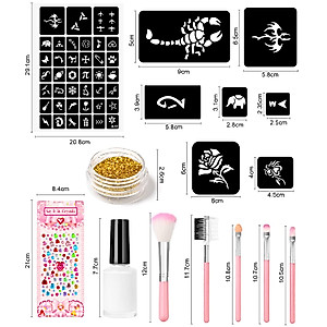 Temporary Glitter Tattoo Kit for Kids makeup,30 Body Glitter,3 Glitter Glue,5 Sheets Tattoos Stencil,5 Pcs Makeup Brush,6 Fluorescent Powder,Rhinestone Stickers,Holiday,Party,Nail Art