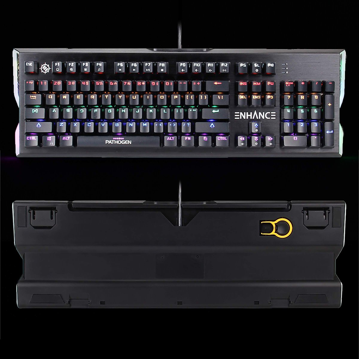 ENHANCE Pathogen Gaming Keyboard - Blue Switch Mechanical Keyboard with Fast 0.2ms Polling, Water & Dust Resistant, NKRO & Anti-Ghosting, Removable Wrist Rest, Ergonomic Keyboard Rainbow LED 9 Effects