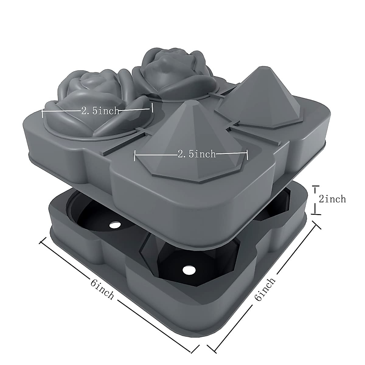 Ice Cube Tray, HANCELANT 2.5inch Ice Cube Molds, 2 Cavity Silicone Rose & 2 Diamond Ice Ball Maker, Easy Release Large Ice Cube Form for Chilling Cocktails, Whiskey, Bourbon & Homemade Juice (Gray)