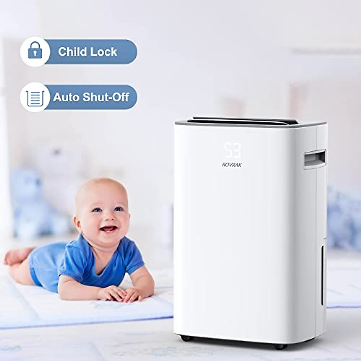 ROVRAK 50 Pint 3500 Sq. Ft. Dehumidifier 3 Modes Adjustable Household Dehumidifier, with Auto or Manual Drainage and 0.66 Gallon Water Tank Capacity for Living Room Wardrobe Garage