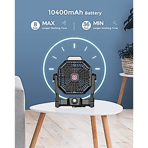 Camping Fan with LED Lantern, 10400 mAh 9 Inch Rechargeable Battery Powered Fan with 270°Head Rotation, Stepless Speed and Quiet Battery Operated Tent Fan for Picnic, Barbecue, Fishing, Travel, Home