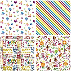 PlandRichW Birthday Wrapping Paper 12 Sheets Folded Flat for Kids, Boys, Girls, Adults. Gift Wrapping Paper Includes Happy Birthday, Star, Rainbow, Cake 4 Colorful Designs for Baby Shower, Holiday, Party 20 X 29 Inch