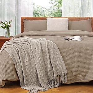 VALUXE Duvet Cover Set Queen Size 100% Cotton,Khaki Waffle Weave Soft and Breathable 3 PCs Bedding Set (1 Duvet Cover and 2 Pillow Sham)