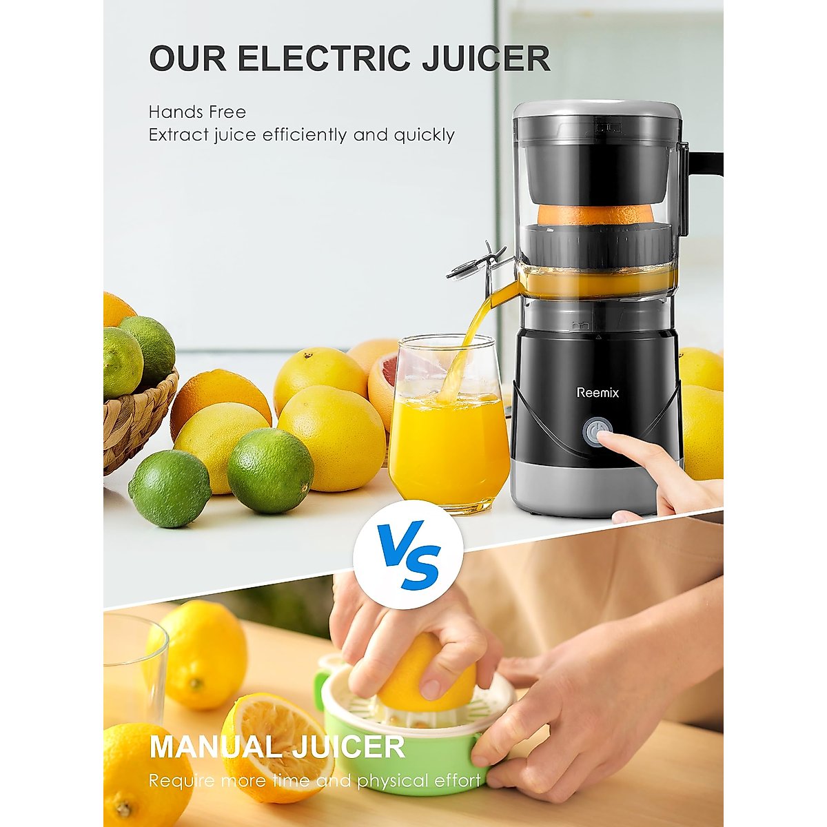 lectric Citrus Juicer, Reemix Full-Automatic Orange Juicer Squeezer for Orange, Lemon, Grapefruit, Citrus Juicer with Cleaning Brush, Easy to Clean and Use (Black)