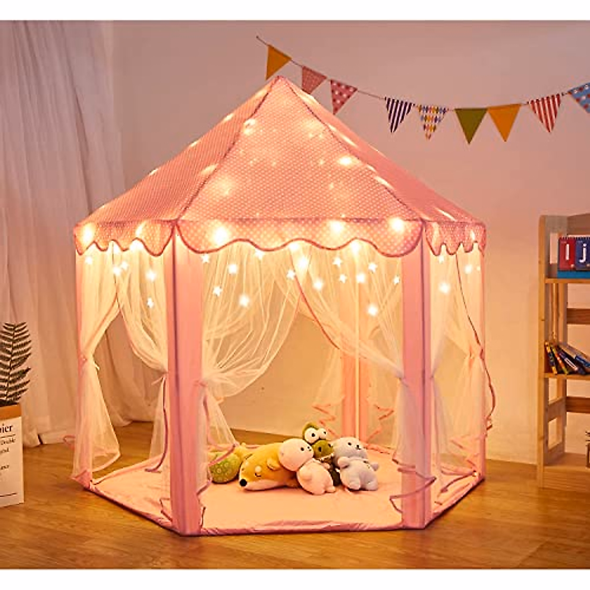 Gappys Princess Castle Tent with Star Light for Kids Children Girls Boys Baby 3/4/5/6/7/8/9 Year Old- Large Playhouse Funny Play Fairy Tent - Indoor and Outdoor Games (Pink), 55x53 inch