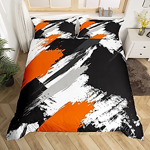 Hipple Graffiti Duvet Cover Set King Size,Abstract Street Art Comforter Cover with 2 Pillowcases,3 Piece,Black White Orange Bedding Set for Adult Young Bedroom Xmas Gift