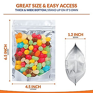 Stand Up Mylar Bags 4.5” x 6.5” +1.2" Heat Seal For Candy & Food Packaging, Medications And Vitamins - 100 Sealable Mylar Ziplock Bags with Gusset Bottom - For Liquid And Solids (4.5” x 5.5” + 1.18”)